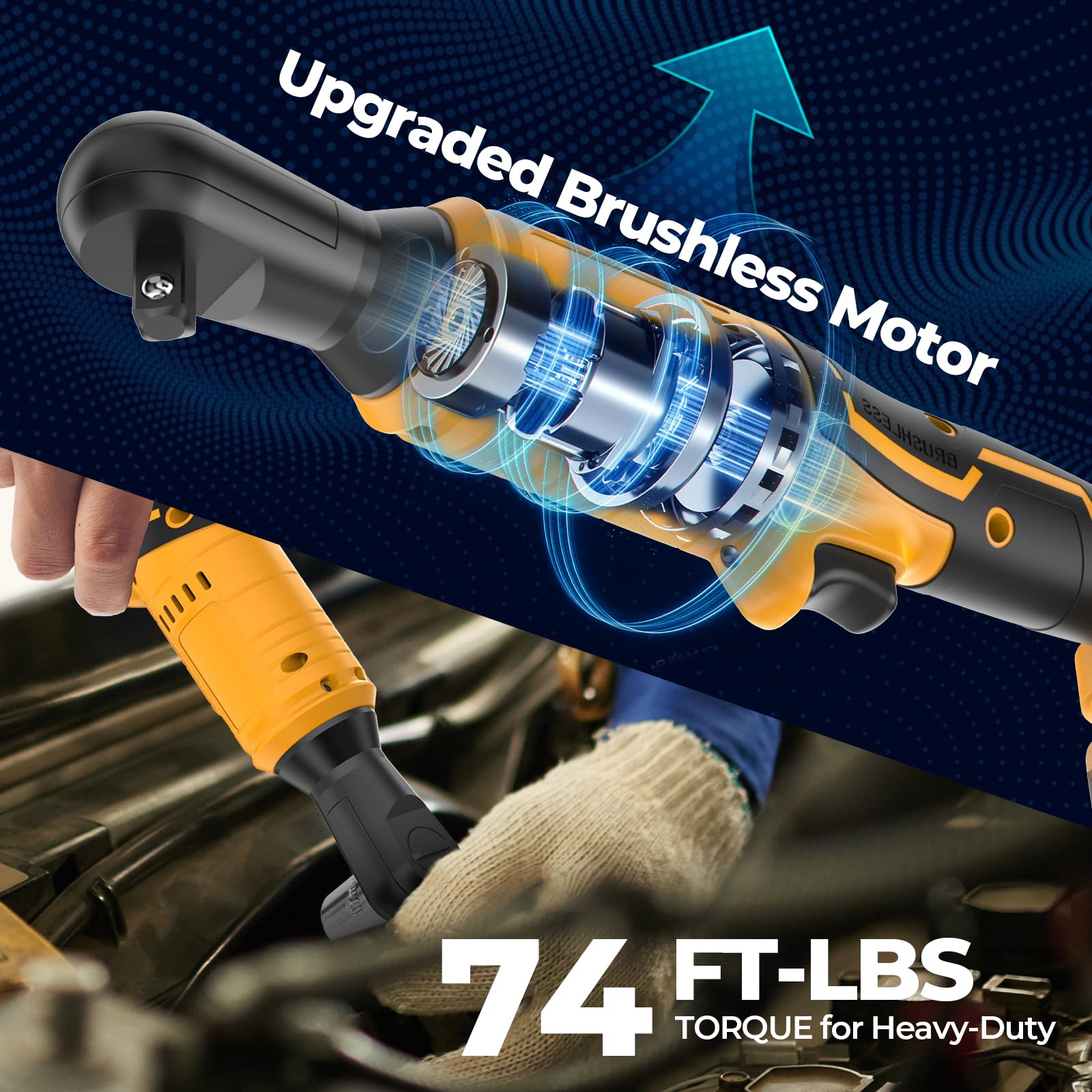 Ratchet Wrench Compatible With Dewalt 20V MAX Battery(No Battery) 3/8" Cordless Ratchet Wrench with 74Ft-Lbs Torque,Brushless Motor,7CS Sockets,1/4" Adapter,3" Extension Bar