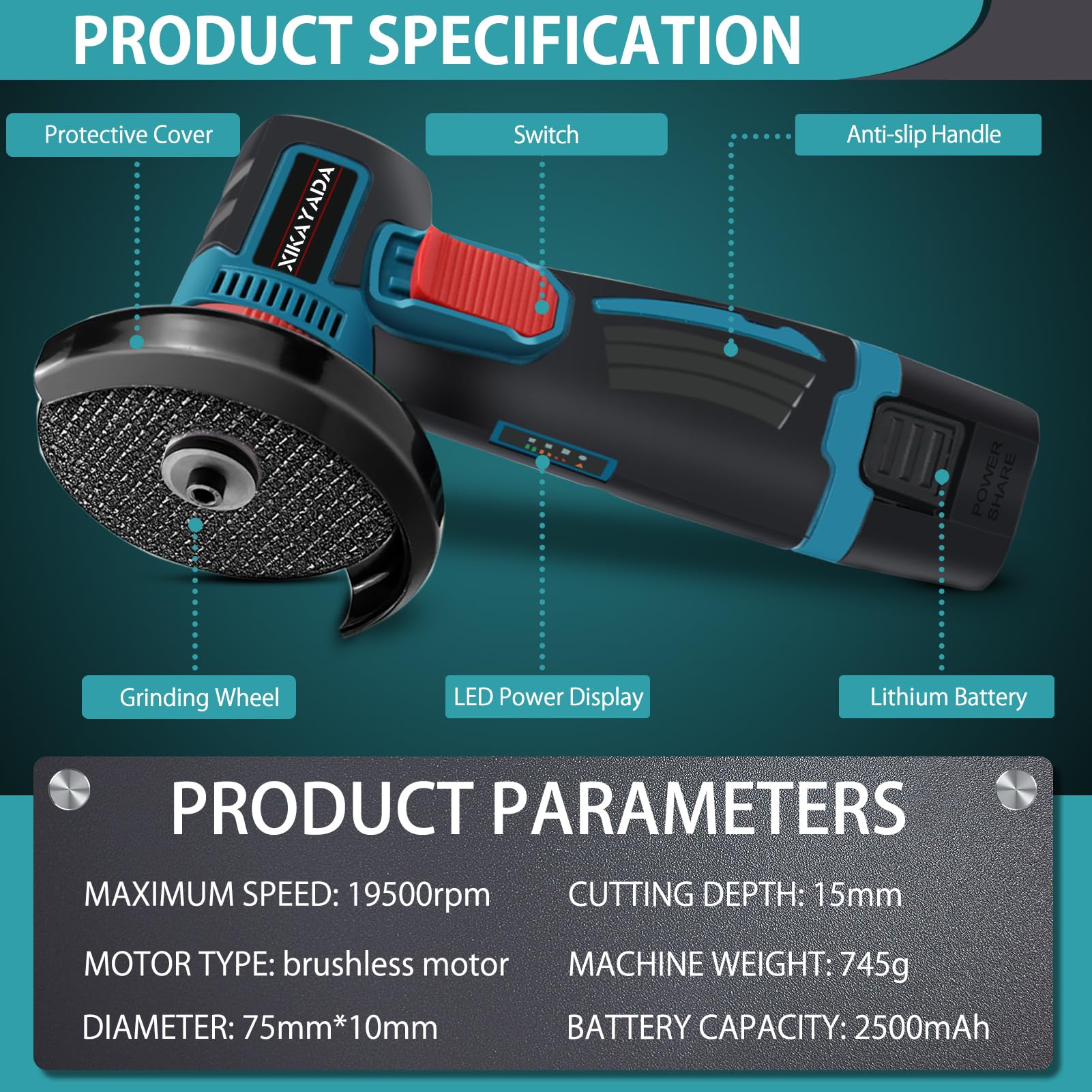 Mini Angle Grinder, 12.6V 3inch Angle Grinder with 2 * 2500mAh Batteries and 5 Grinding Wheels, Brushless Motor 19500RMP Cordless Grinder, Cutting/Deburring/Derusting Grinder Tool (Blue)