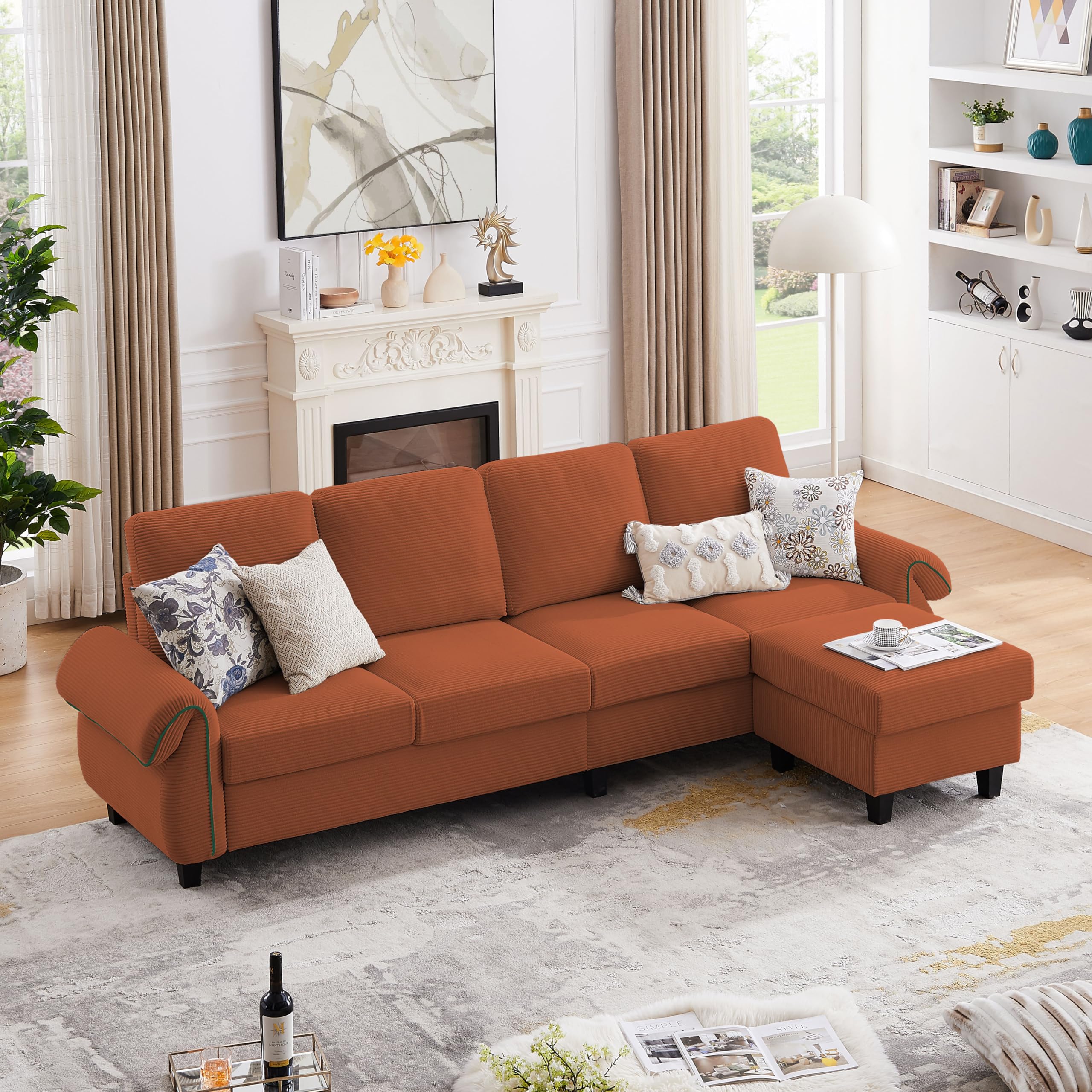 Pingliang Home 112" Sectional Sofa Couch, 4 Seat L Shaped Couch with Reversible Ottoman and Wooden Legs, Modern Polyester Fabric Couches for Living Room Apartment Office, Orange