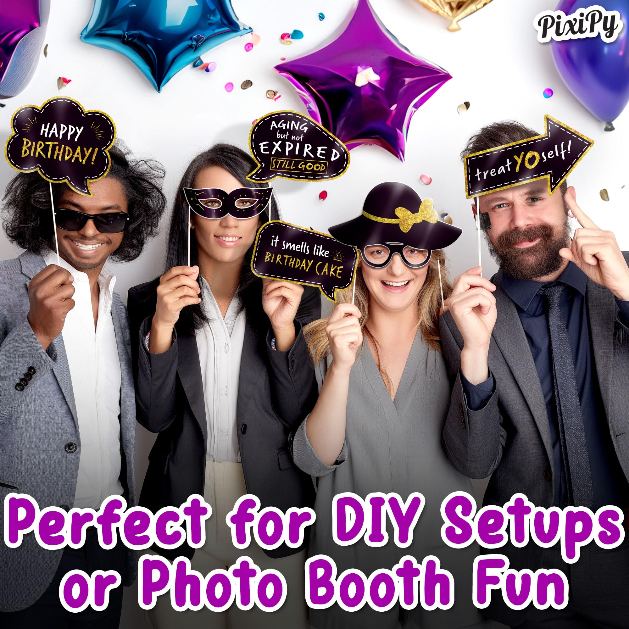 Premium Birthday Photo Booth Props Kit - 27 Pieces Black & Gold Party Decorations - Durable & Easy-to-Use Photobooth Props Signs for Memorable Photos - Party Supply Decorations - by PixiPy