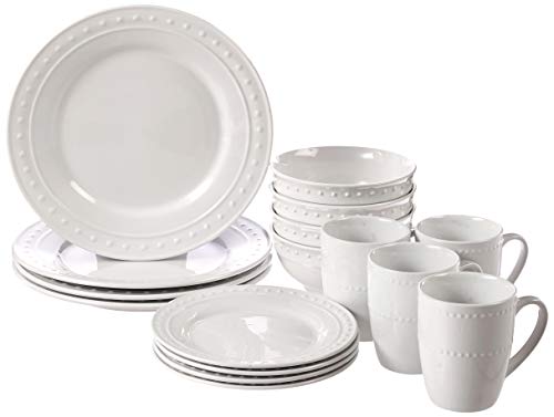 Elle Décor Monique Round Dinnerware Set – 16-Piece Porcelain Dinner Set w/ 4 Dinner Plate, 4 Salad Plates, 4 Bowls & 4 Mugs – Unique Gift Idea Any Special Occasion or Birthday