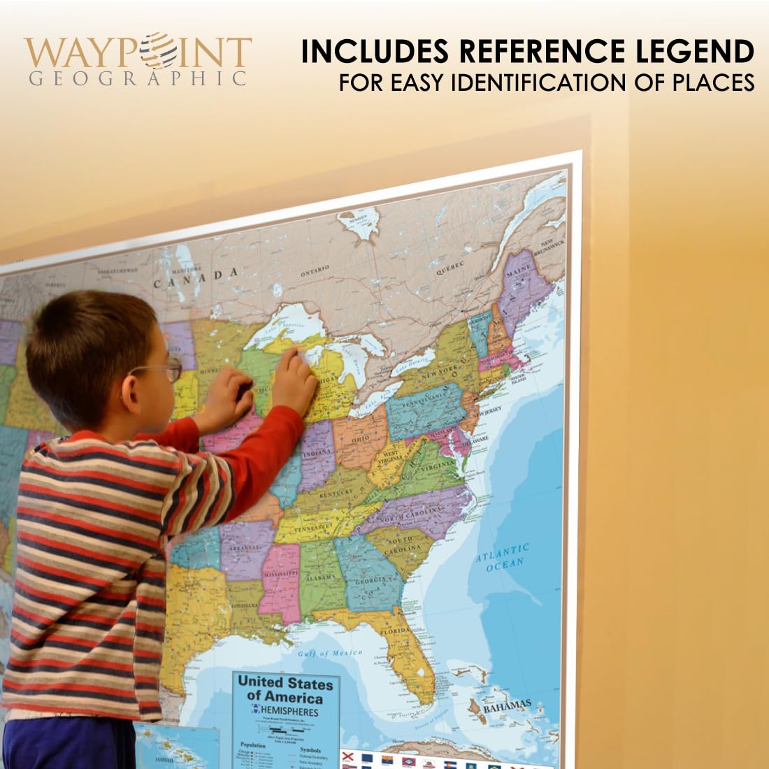 Waypoint Geographic Blue Ocean Series USA Wall Map, Laminated World Map Poster, Educational Wall Art For Home, Classroom, or Office, Unique Gifts, 48β x 38β