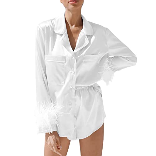XBTCLXEBCO Silk Satin Pajamas for Women 2Pcs Feather Nightwear Set Long Sleeve Button Down Shirt Shorts Loungwear Pjs Set (Medium, White)