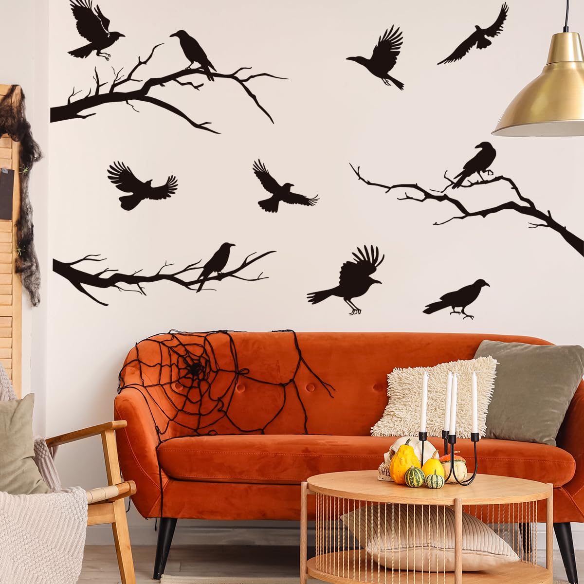 Raven Wall Stickers,Black Crows Wall Decals,Winter Branches Wall Decals,Halloween Tree Branch Wall Decals,Peel and Stick Bird Wall Decals,Removable Vinyl Halloween Wall Stickers.