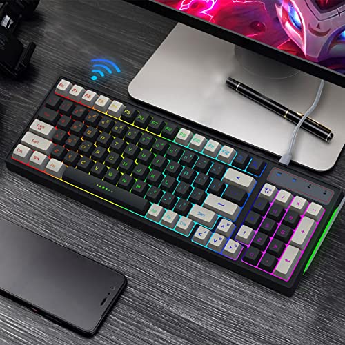 Jopwkuin 2.4G Wireless Gaming Keyboard, Ergonomic Design 96 Keys Gaming Keyboard 2.4G Wireless Floating Keycaps for Gaming(L900 Gray White Wireless Keyboard)