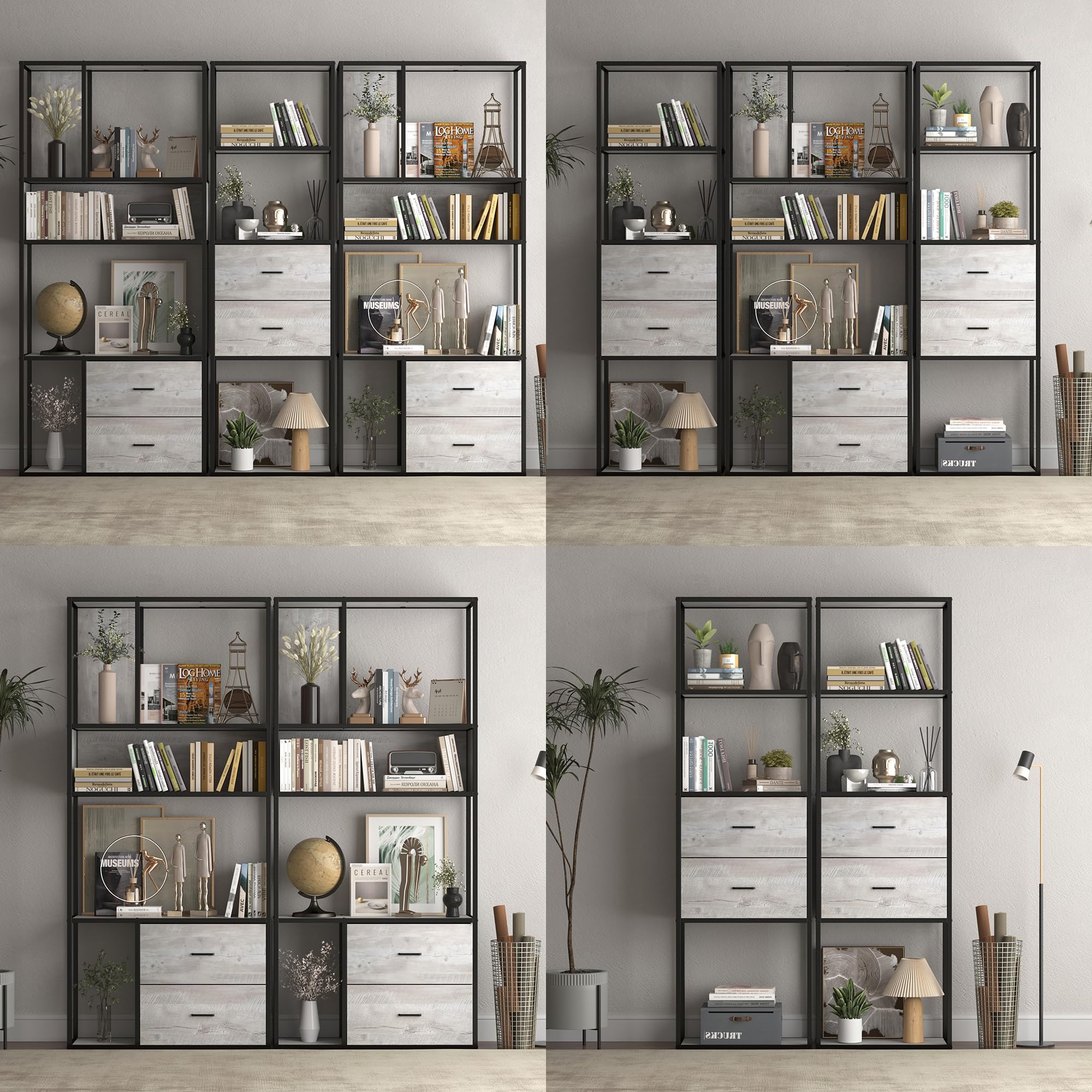 NAIYUFA Bookshelf with Drawers,Rustic Industrial Tall Bookshelf,Vintage Book Shelves Display Shelf for Home Office,Living Room (A+B)