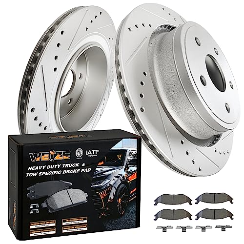 WEIZE Rear Truck & Tow Brake Kit, Carbon Fiber Ceramic Brake Pads & Drilled/Slotted Brake Rotors, Fit for Dodge Ram 1500 Durango Aspen, 13.86" 5 Lug Rear Brake Discs