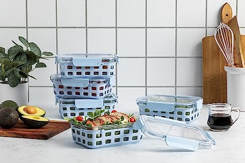 Ello Duraglass Meal Prep Container, 3.4 cup- Glass Food Storage Container with Silicone Sleeve and Airtight BPA-Free Plastic Lid, Dishwasher, Microwave, and Freezer Safe, Halogen Blue
