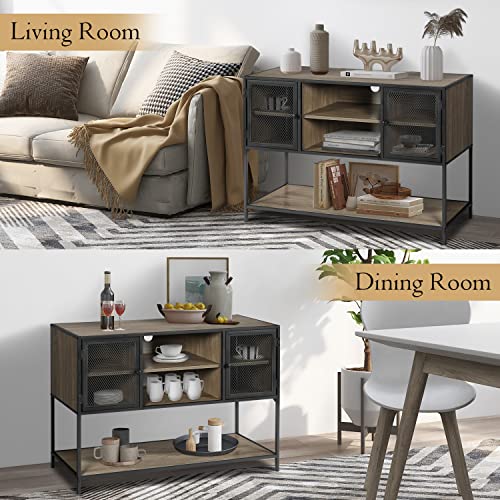 LTMEUTY Sideboard Buffet - Industrial Storage Cabinet, Coffee Bar Cabinet with Mesh Doors, Console Table Coffee Station, for Home, Living Room, Dining Room, Kitchen, Light Brown