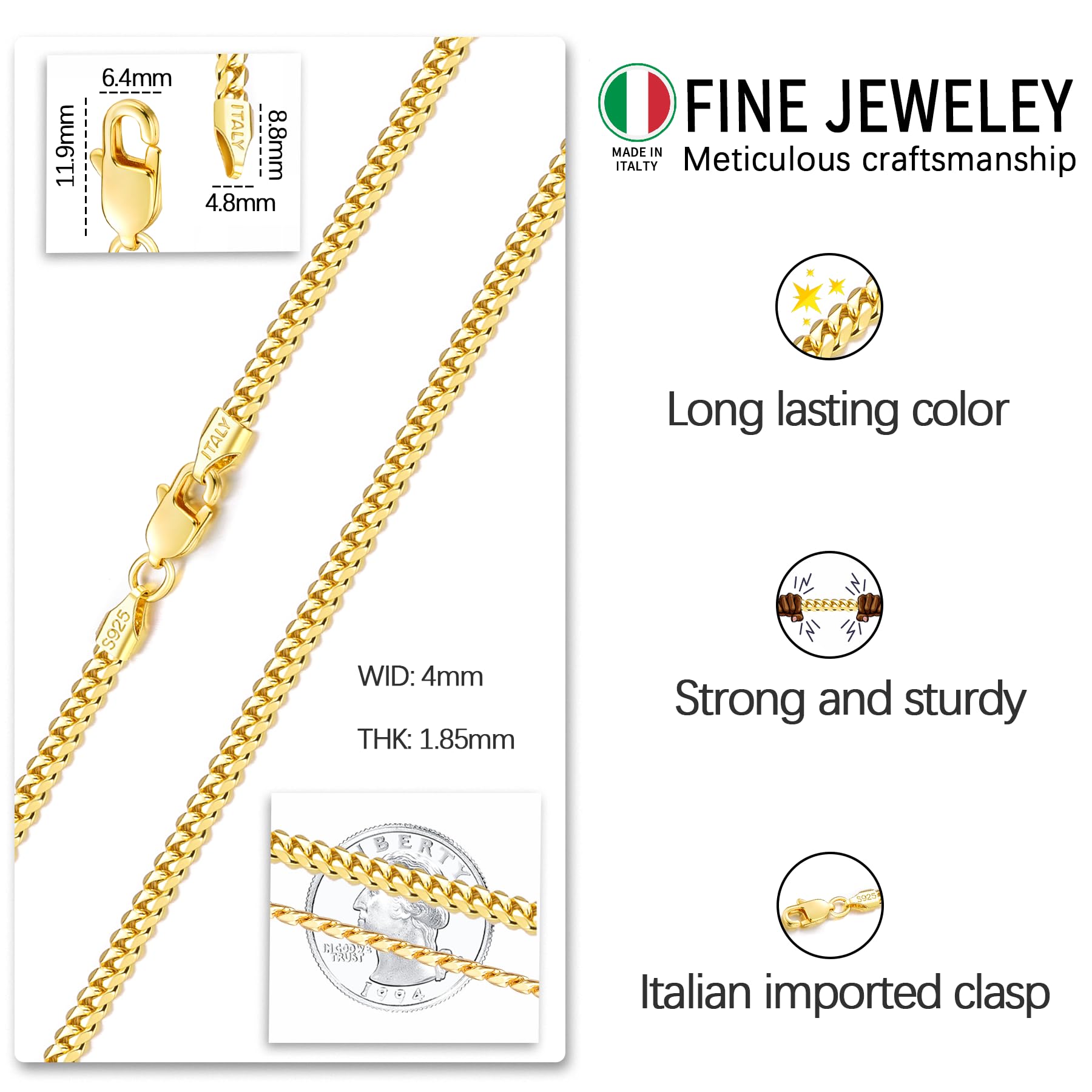 Eterjew Italian Solid 18k Gold Chain Necklace for Men Boys Women, 4mm Cuban Link Chain for Men, Sturdy & Comfortable & Shiny 18 Inch