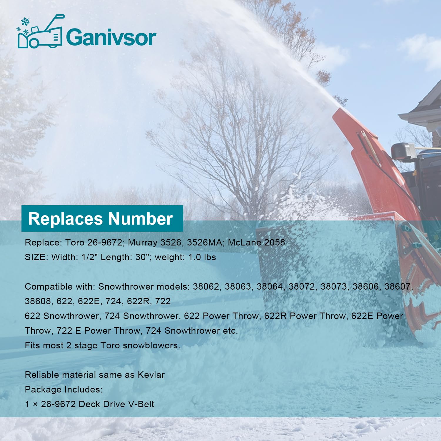 Ganivsor Replacement Snow throwers Raw Edge Belt for Toro 26-9672 (1/2"x30")