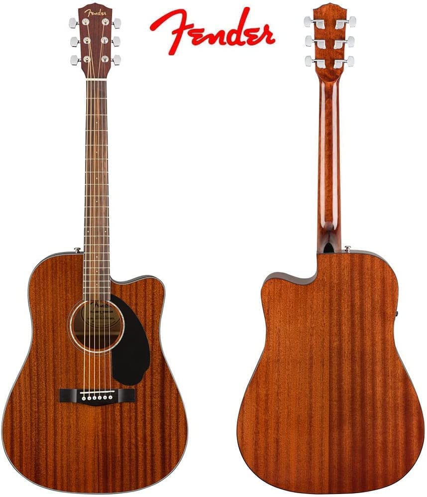 Fender CD-60SCE Solid Top Dreadnought Acoustic-Electric Guitar - All Mahogany Bundle with Hard Case, Tuner, Instrument Cable, Strap, Strings, Picks, Polishing Cloth and Austin Bazaar Instructional DVD