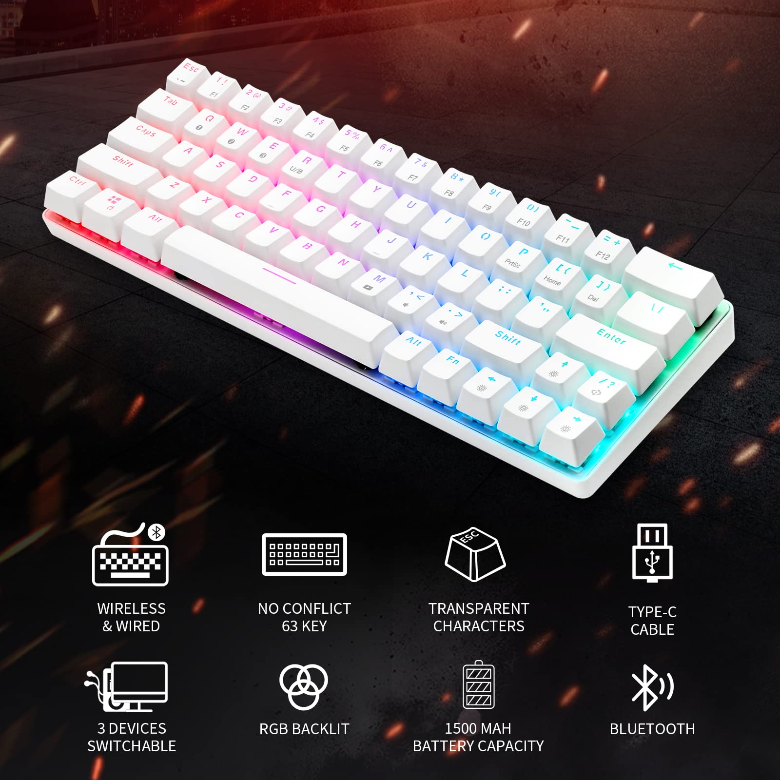 HUO JI CQ63 60% RGB Wireless Mechanical Gaming Keyboard, Authentic Cherry MX Red Switches, Bluetooth 5.0, Wired Keyboard 63 Keys for PC Tablet Laptop Cell Phone, White