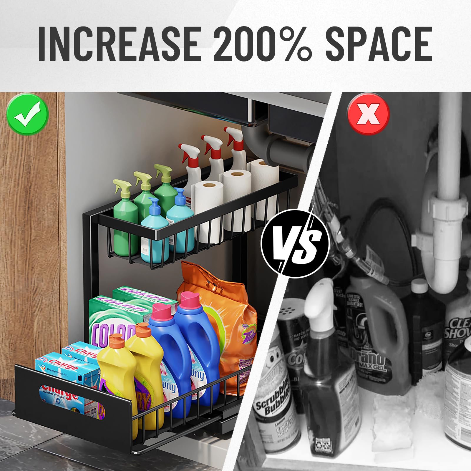 Ktinnead 2 Pack Under Sink Organizer, 2 Tier Metal Pull Out Under Sink Organizers and Storage with Sliding Drawer, Sliding Cabinet Organizer Under Sink Organizer for Kitchen Bathroom Cabinet,Black