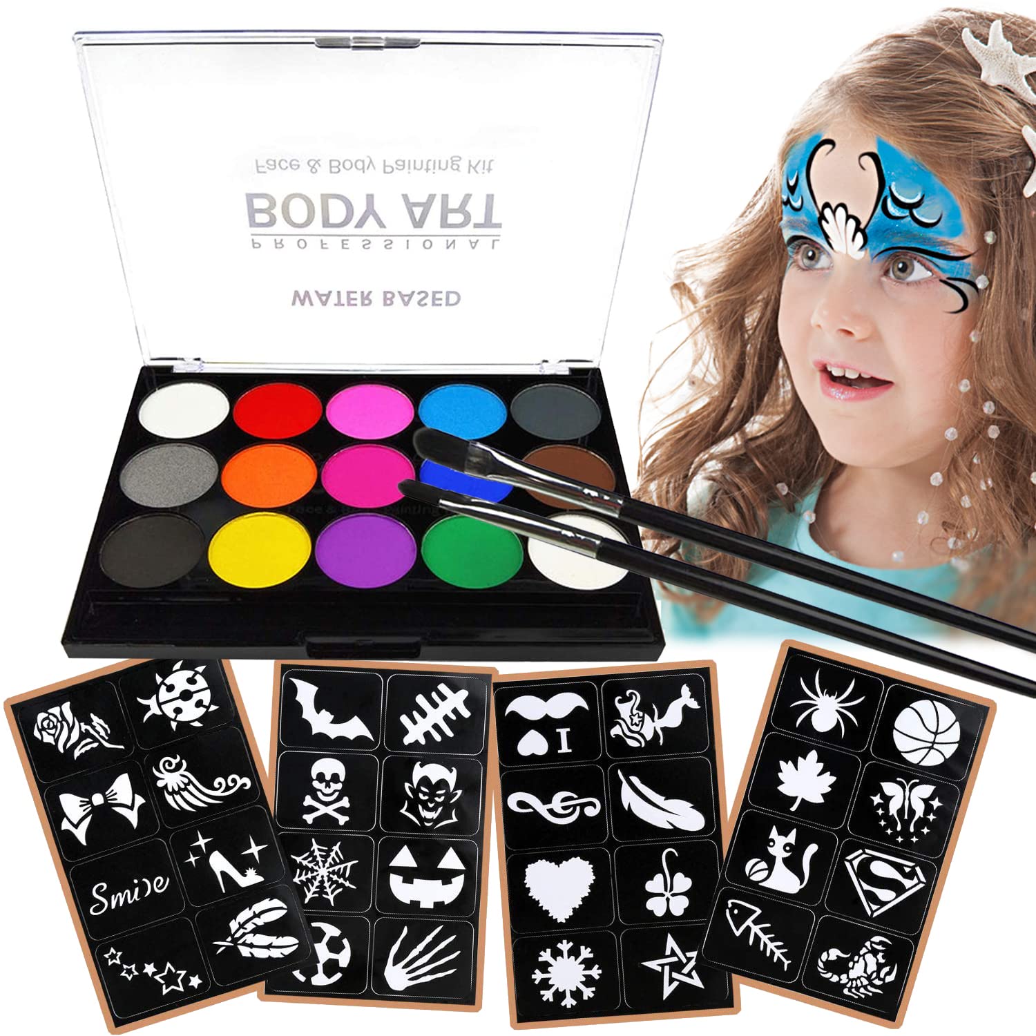 Face Painting Kits Professional Face Paints + Brushes + Stencils, Hypoallergenic, Kids & Adult Body Paint for Halloween Face Makeup Kits