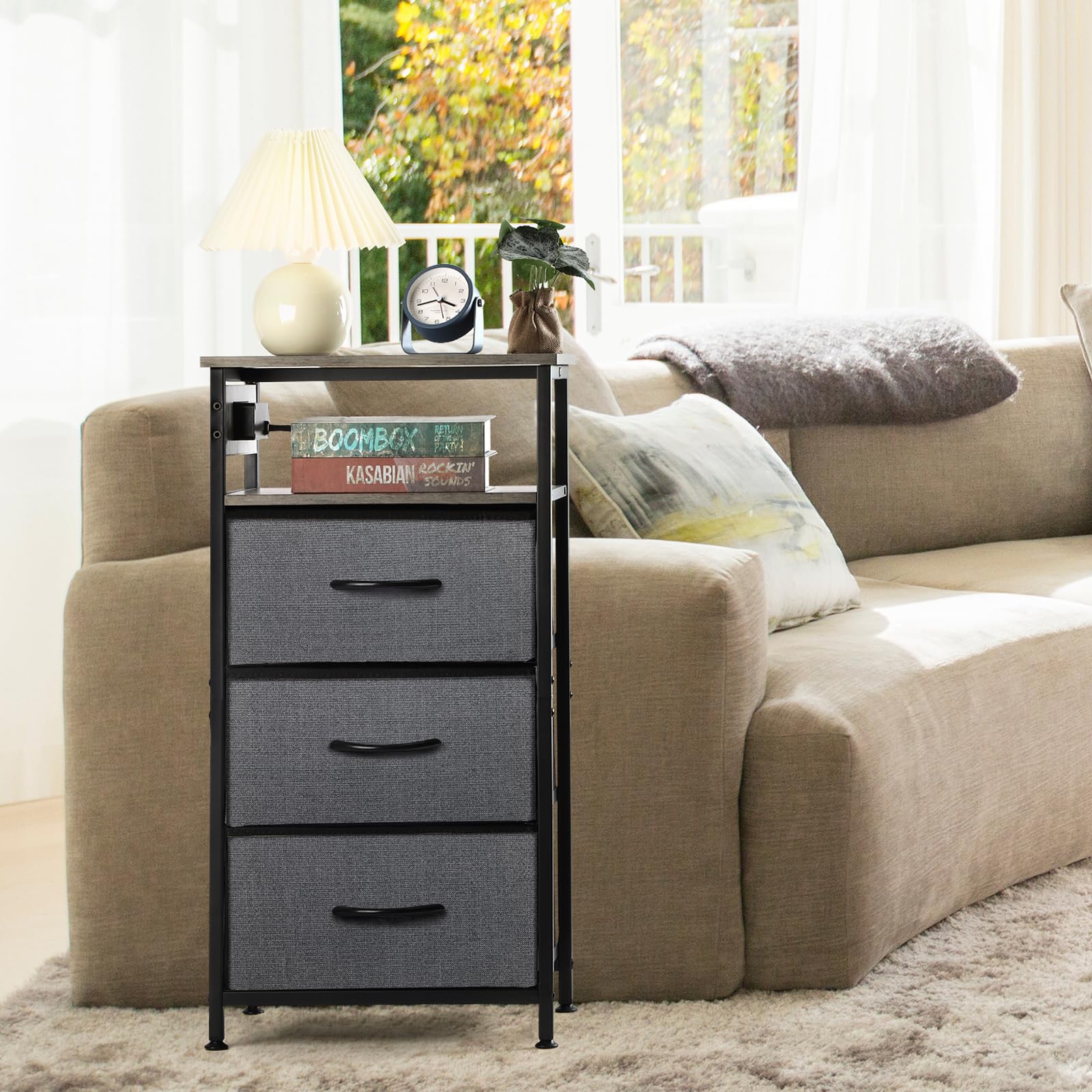 NANANARDOSO End Table with 3 Drawers and 2-Tier Shelf, Fabric Small Dresser Organizer Vertical Storage with Charging Station, Industrial Nightstand Side Table for Bedroom, Sofa, Grey