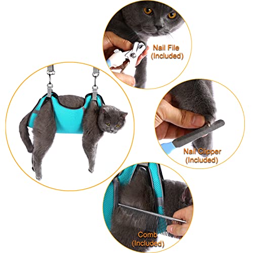RHD Multi-Function Detachable Pet Grooming Hammock Harness & Vest Harness, 4.6ft Nylon Pet Leash, Pet Grooming Supplies Kit with Nail Clippers, Nail File, Pet Comb - Soft,Mesh,Reflective Thread,Cyan,S