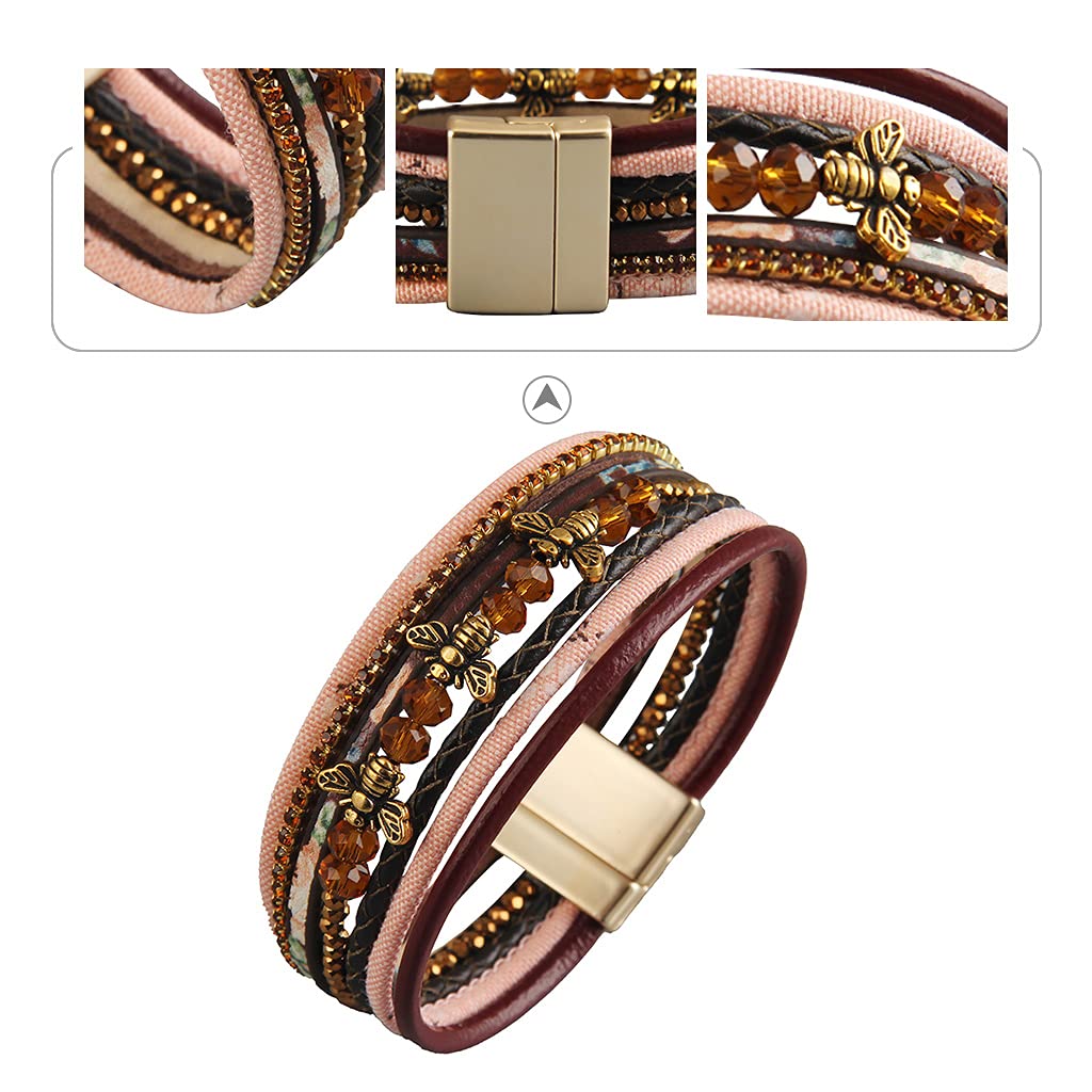 GelConnie Leather Wrap Bracelet Women's Leather Cuff Bracelets Honey Bee Multi Strand Boho Bracelet for Women