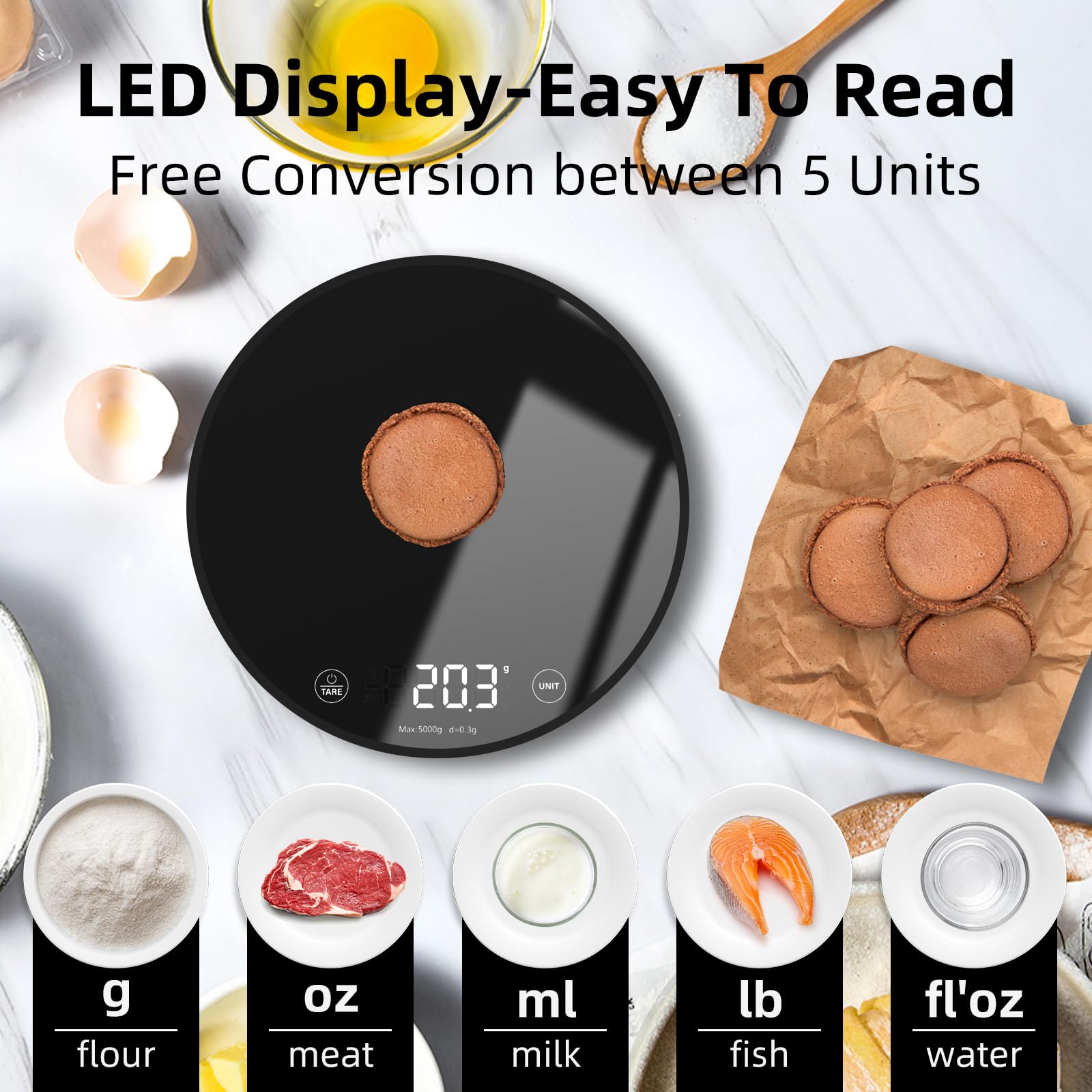 Food Scale Digital Weight Grams 5KG/11lb Max Weight with 5 Units,0.1g/0.01oz Precise Graduation LED Display and Tare Function, Baking Scale for Weight Loss, Tempered Glass(Black)