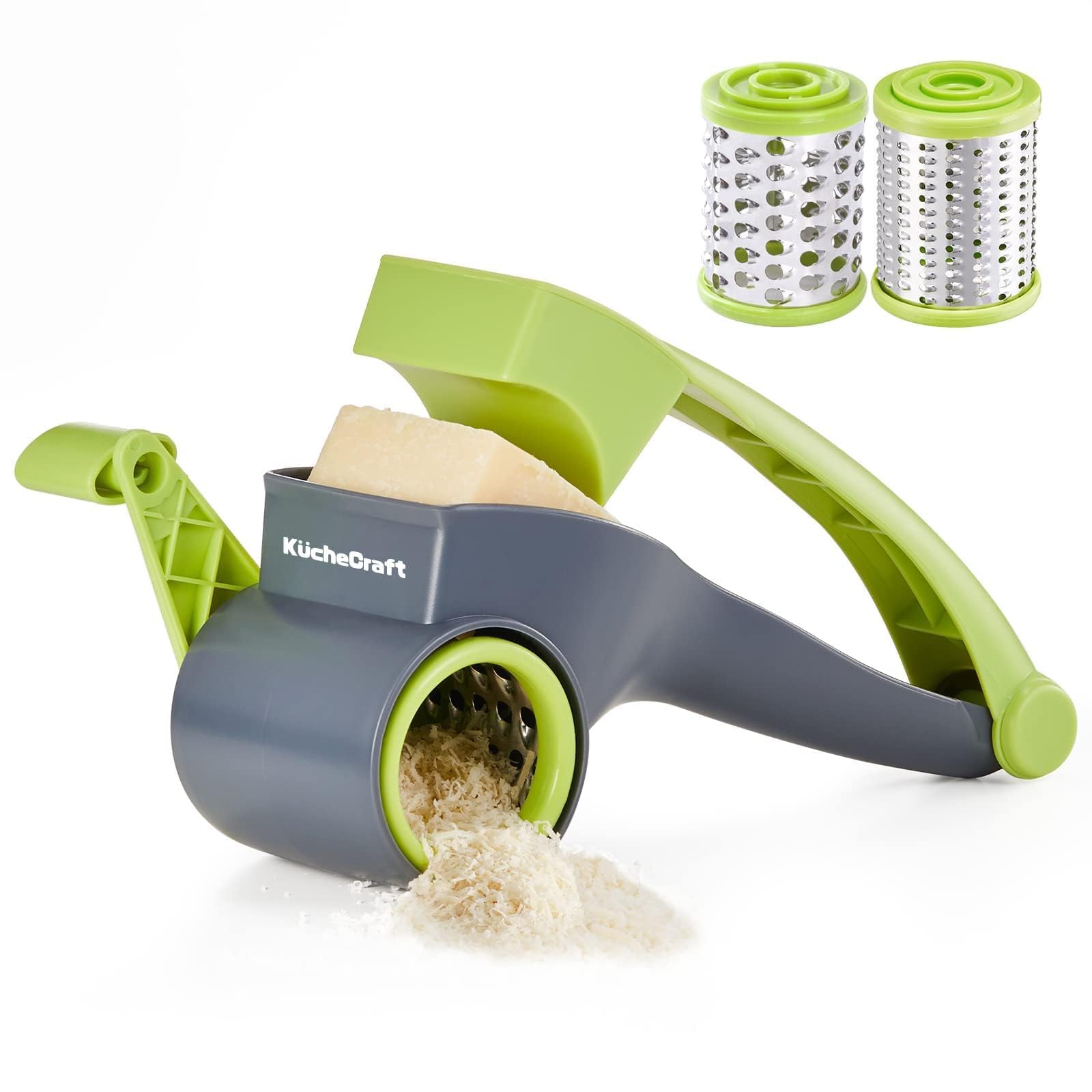 KucheCraft Cheese Grater with Handle, Kitchen Parmesan Cheese Grater with 2 Stainless Steel Drums, Rotary Cheese Grater Handheld for Grating and Shredding Hard Cheese, Chocolate