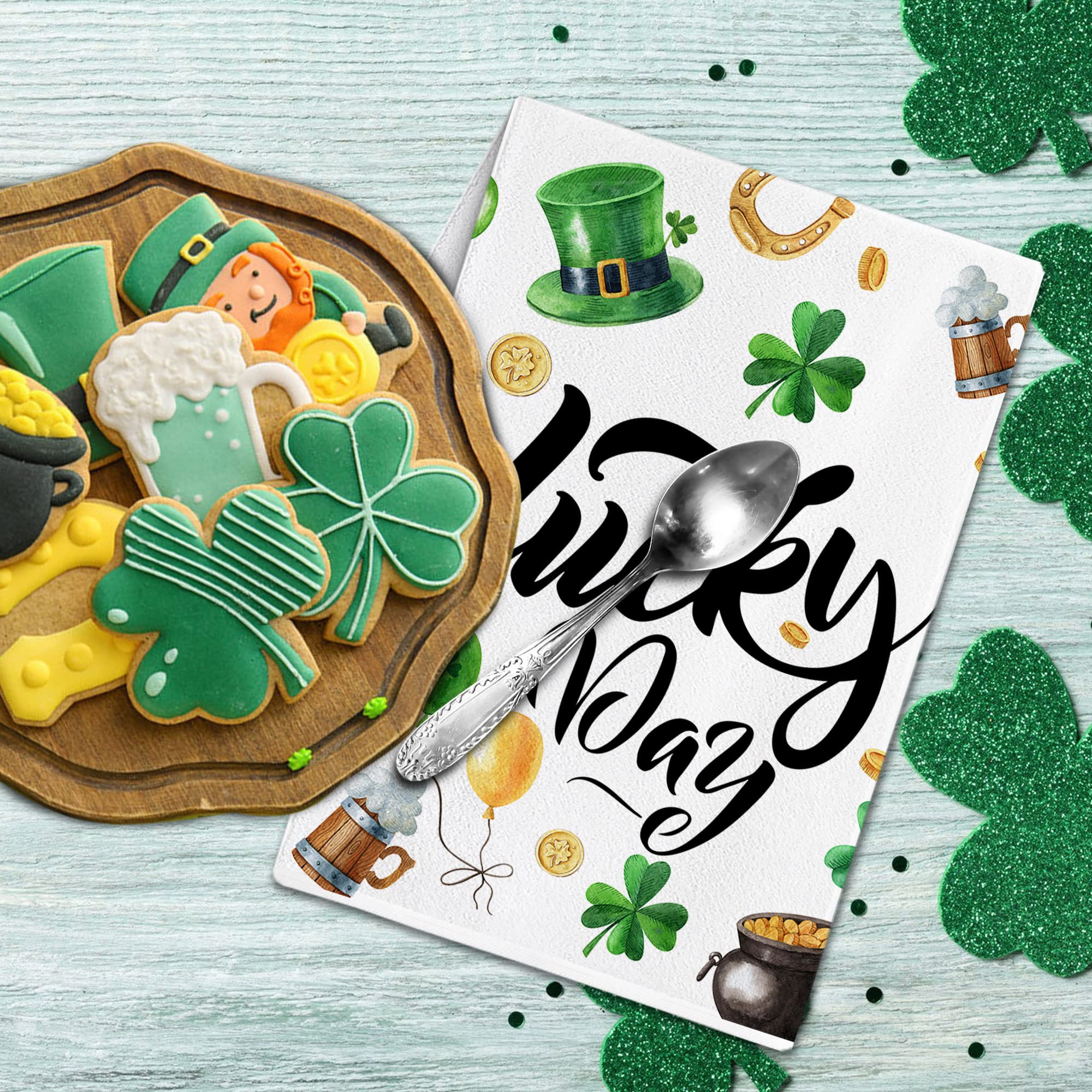 Hexagram St Patricks Day Kitchen Towels Set of 4, Happy St Patricks Day Dish Towels, Gnomes Green Hat St Patricks Day Decor, Hand Towels Housewarming Gifts for New Home