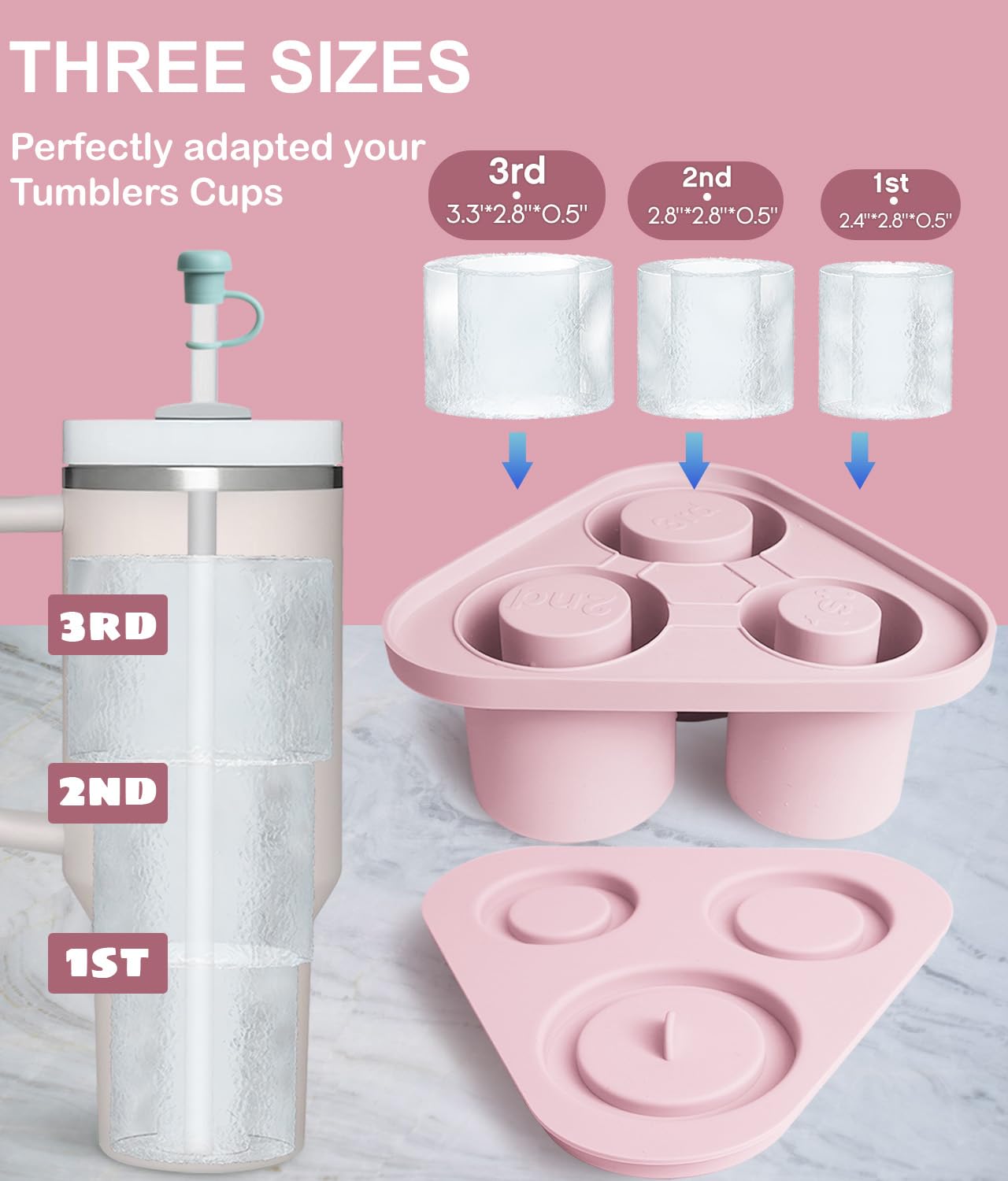 Ice Cube Tray for Stanley 40Oz Tumbler Cup, Silicone Cylinder Ice Cube Shape Mold with Lid and 4 PCS Straw Covers,Fit for Ice Drinks, Tea, Coffee,Whiskey, Cocktails And More (Rose Quartz Pink)