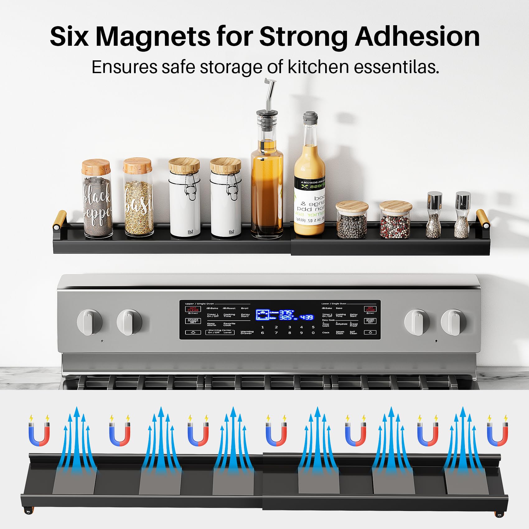 Magnetic Stove Top Shelf Spice Rack Organizer - Adjustable (16.9" to 30") Over the Stove Shelf for Kitchen Storage, Rustproof Oven Shelf for Back of Stove, Black