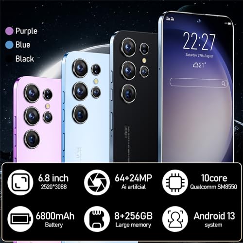 ExAchat 5G Unlocked Cell Phones,Smart Phone with 6.8" HD Screen,8GB+256GB,6800mAh,64MP+24MP Camera,Android Phones with Powerful Qualcomm Chips,Support SIM/Face ID/GPS/Fingerprint Unlock(Black)