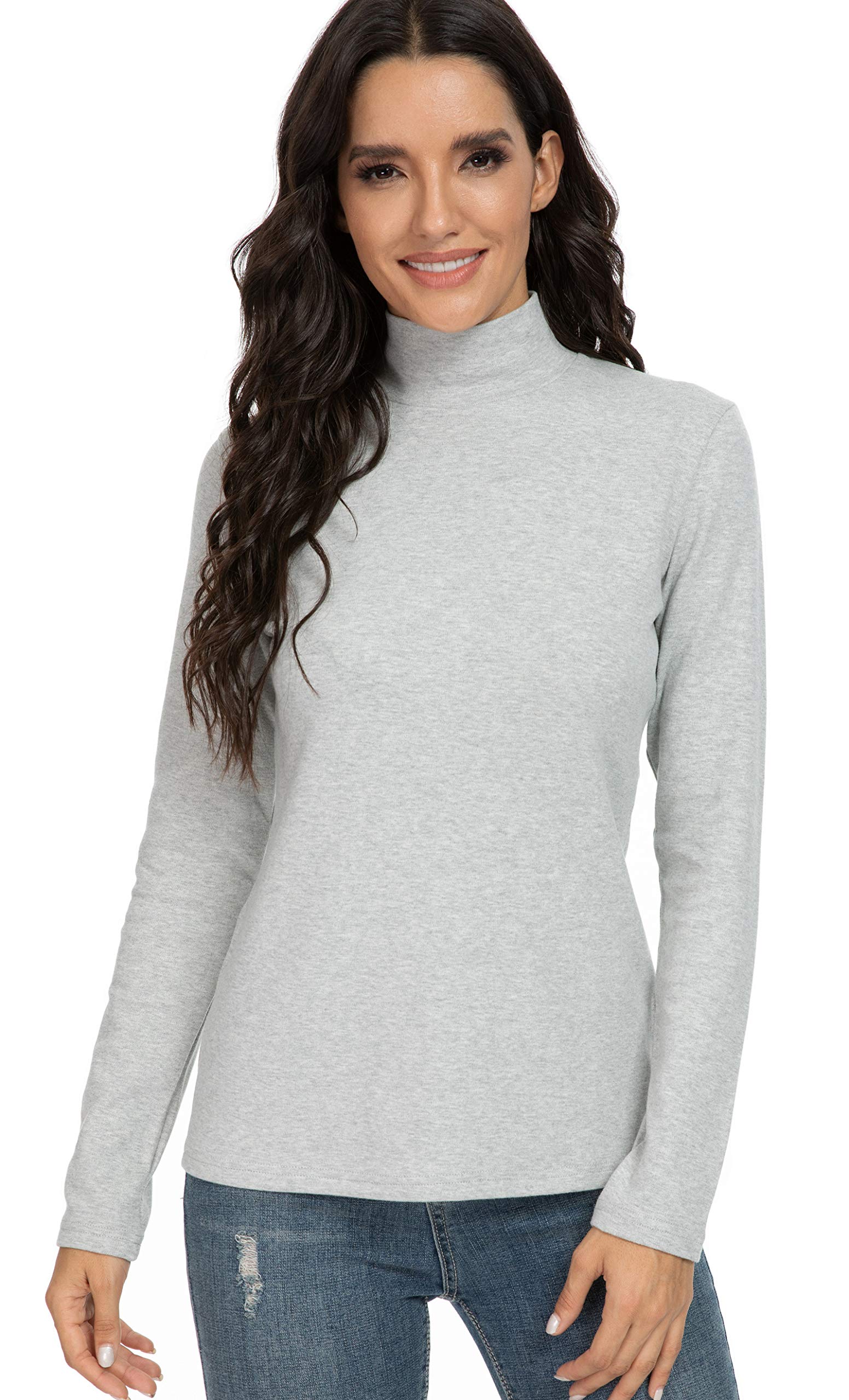 HieasyFit Women's Cotton Mock Turtle Neck Thermal Baselayer Top Light Gray Large