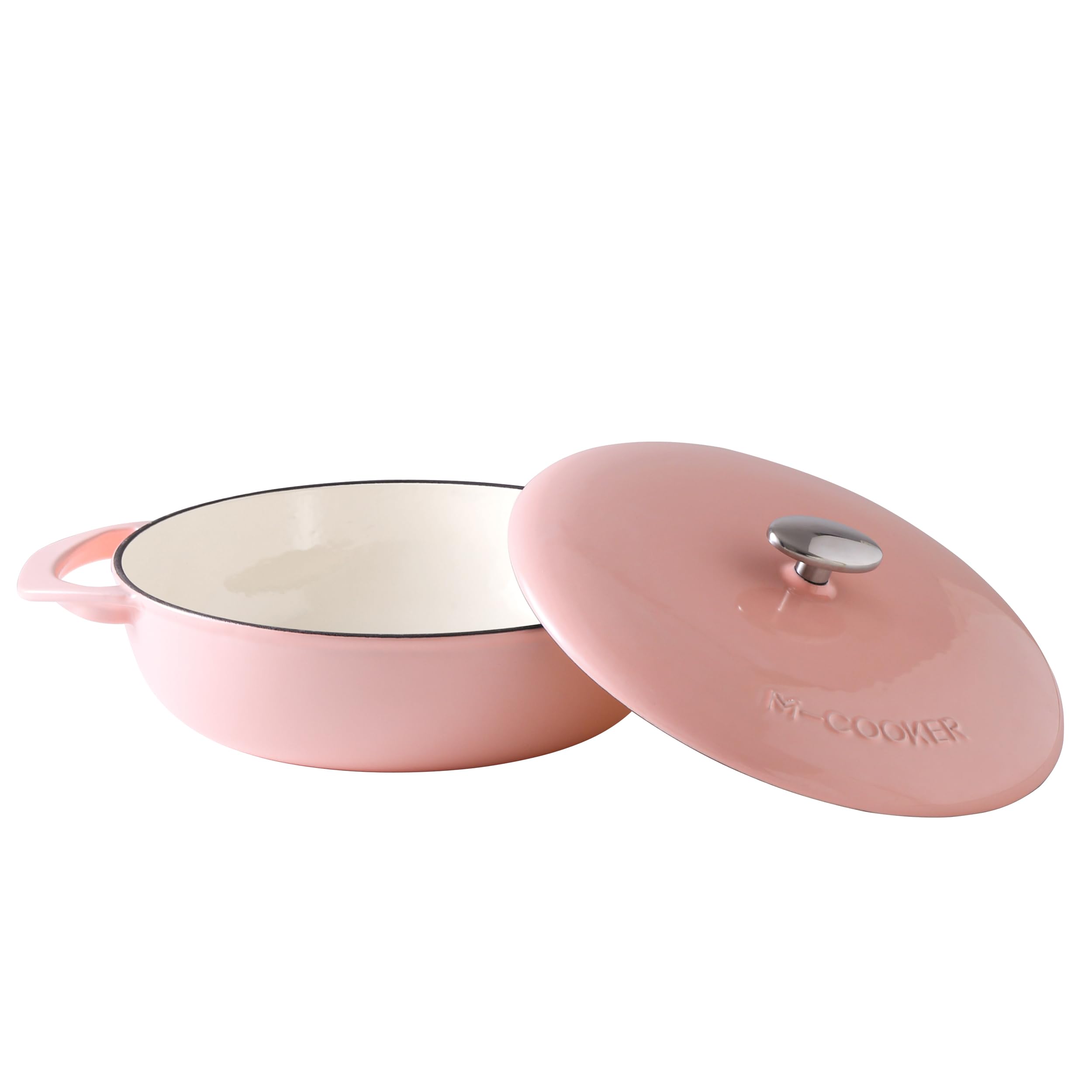 M-COOKER 3.8 Quart Enameled Cast Iron Braiser Pan with Lid,Covered Cast Iron Casserole Dish, Shallow Dutch Oven with Lid, Gift Idea for Family, Oven Safe (Sakura pink)
