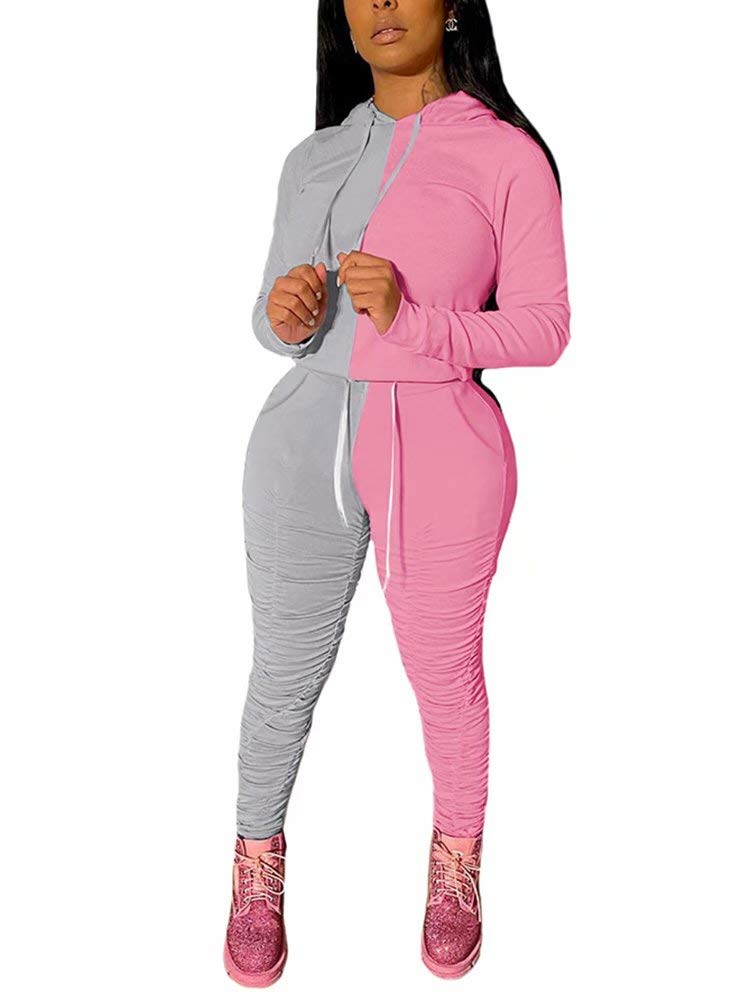Elosele Women Workout 2 Piece Set - Long Sleeve Colorblock Pullover Sweatshit Drawstring Ruched Jogger Pants Tracksuit Sportswear Set A-Grey&Pink XL