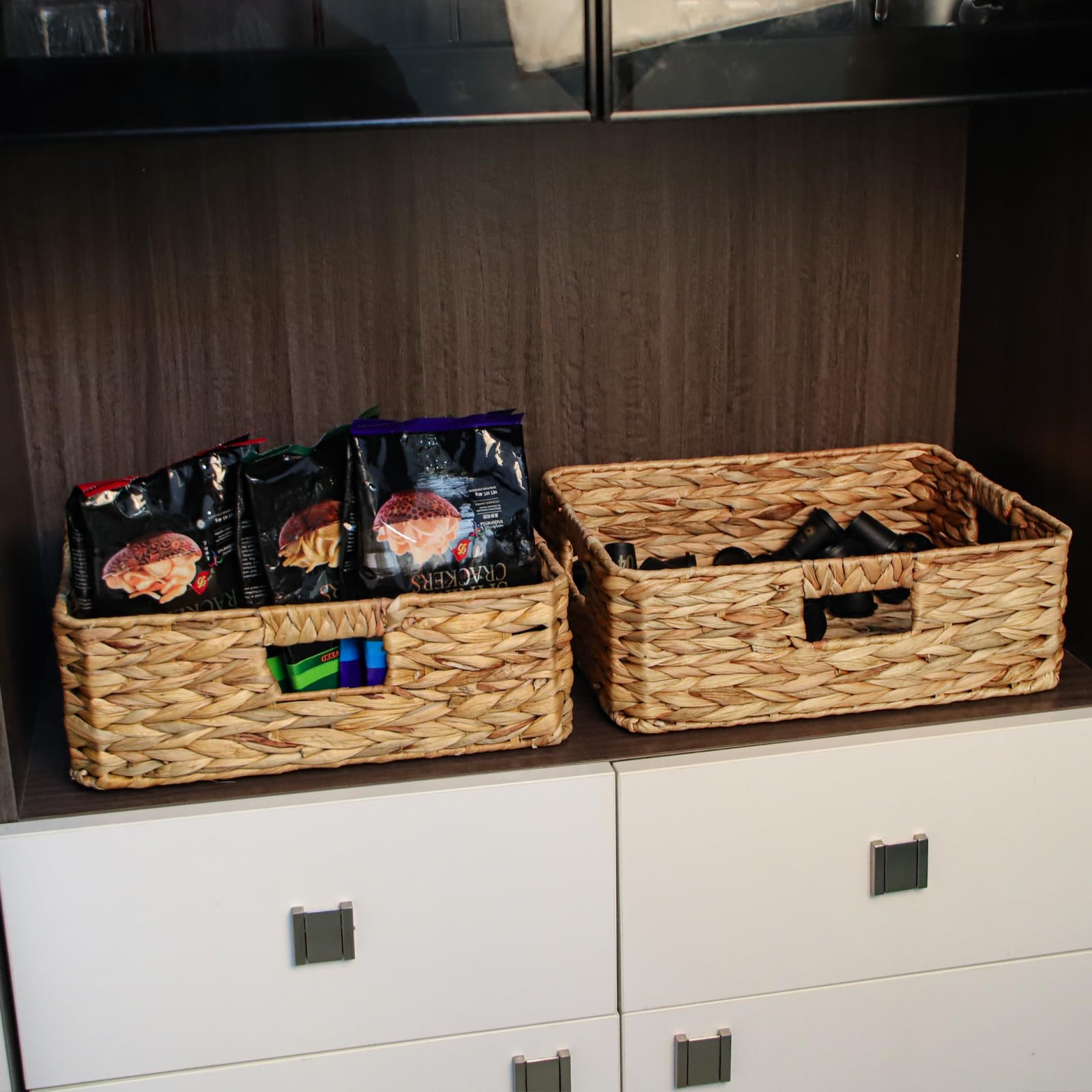 Rectangular Water Hyacinth Storage Baskets, Wicker Storage Baskets for Shelves, Square Shallow Basket, Woven Drawer Basket With Handle, 15.2” L x 12” W x 4.7” H