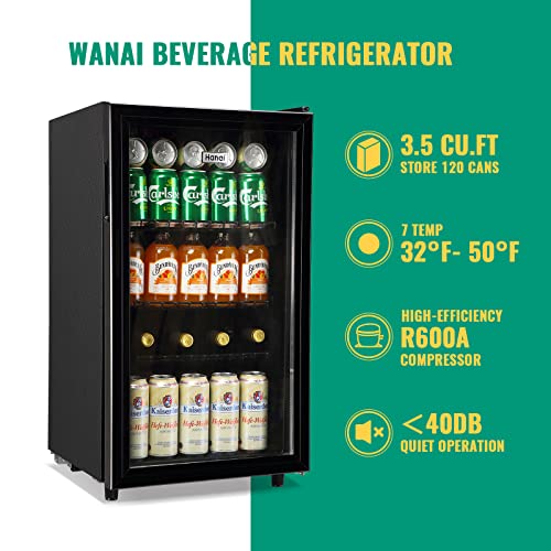 WANAI Beverage Refrigerator 125 Can Mini Fridge Cooler Black Mini Beer Fridge Glass Door for Wine Soda Juice Small Drink Cooler Machine Clear Front Removable for Home Office Bar Freestanding