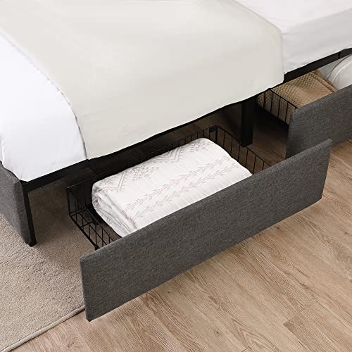 RHIZOME Queen Upholstered Platform Bed Frame with 4 Drawers Storage and Headboard Footboard, Mattress Foundation with Wooden Slats Support and No Box Spring Needed, Grey
