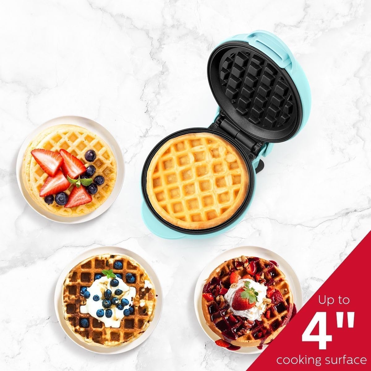 Mini Maker for Individual Waffles, Hash Browns, Keto Chaffles with Easy to Clean, Non-Stick Surfaces, 4 Inch, Waffles in Minutes (Aqua)