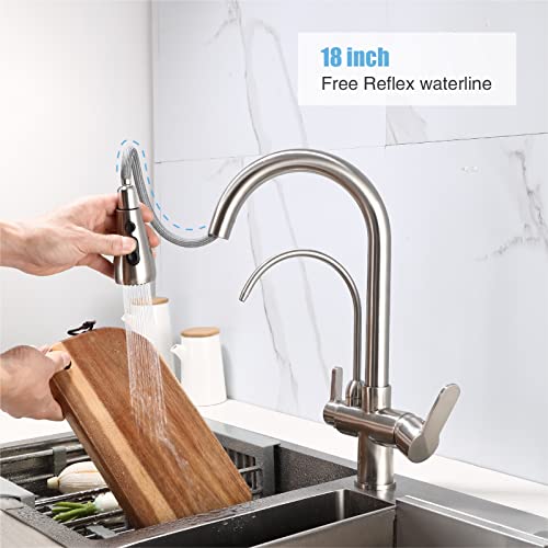 HUAHUALALA Kitchen Sink Faucet with Pull Down Sprayer 2 Handle 3 in 1 Water Filter Purifier Faucets, Brass Drinking Water Faucet Reverse Osmosis Faucet Brushed Nickel