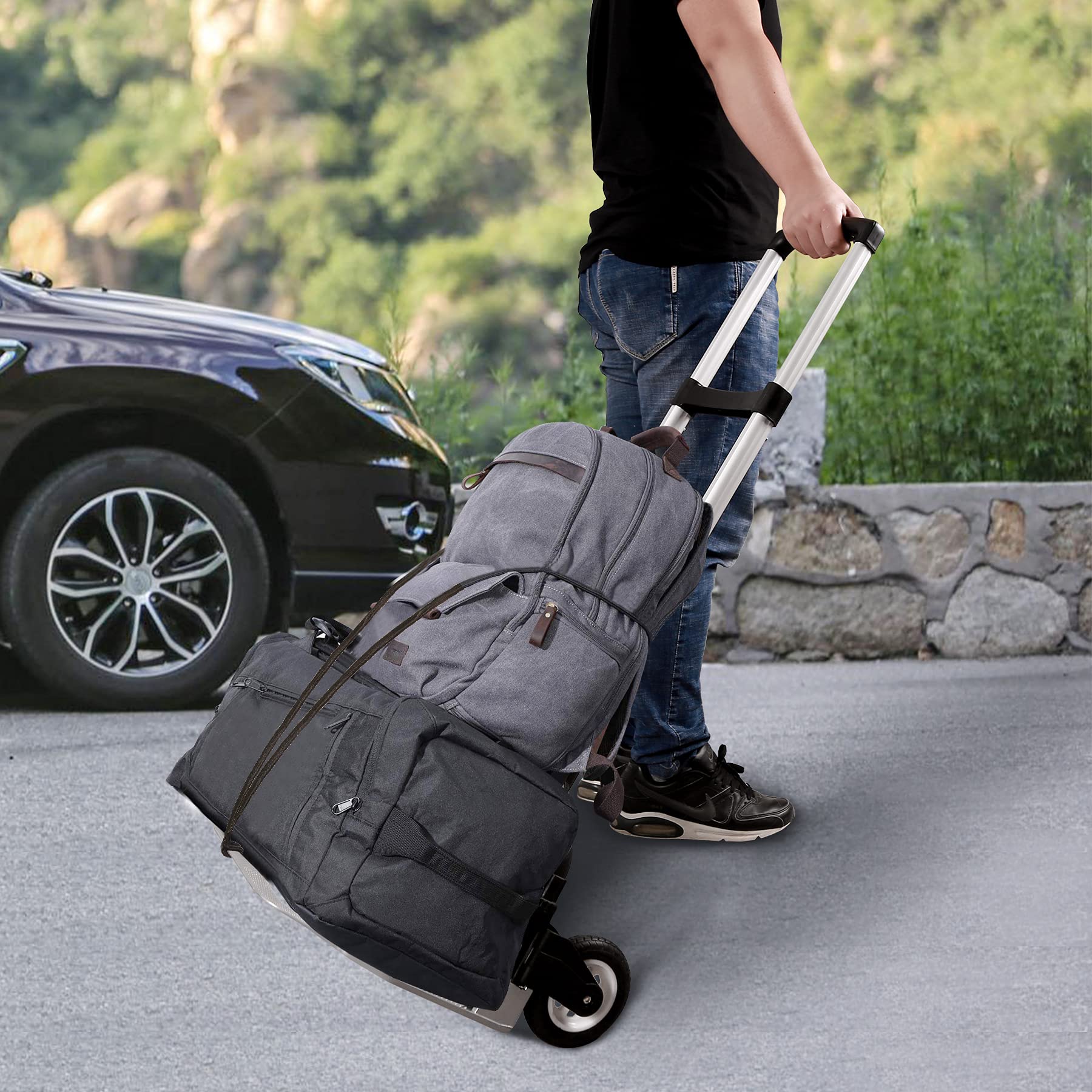 Varbucamp Folding Hand Truck with Telescoping Handle, 165lbs Capacity Aluminum Portable Luggage Trolley Cart, Hand Cart and Dolly with Black Bungee Cord and Rubber Wheels, Black