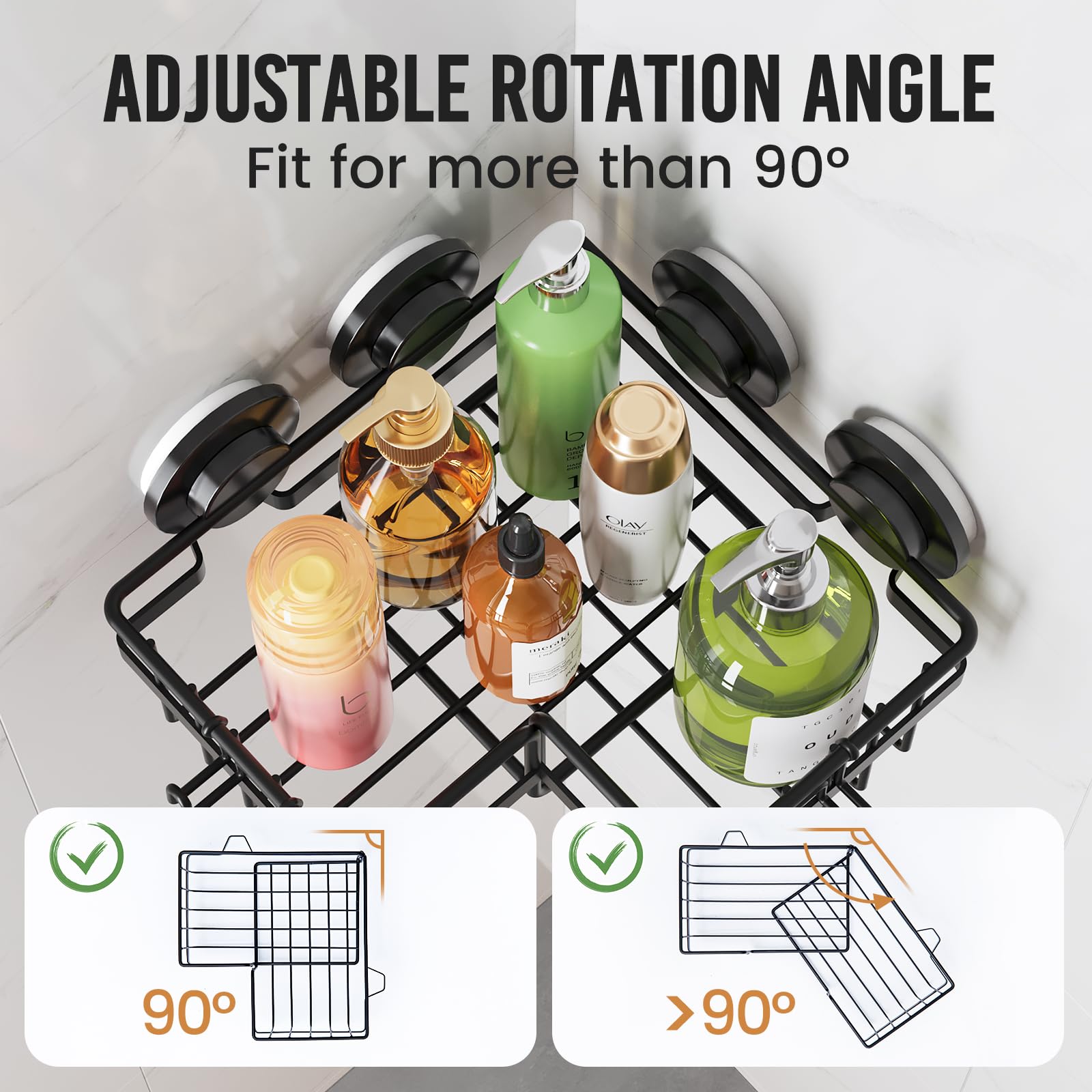 LEVERLOC Angle-adaptive Suction Cup Shower Caddy with Hooks, Heavy Duty Stainless Steel Shower Basket Organizer for Bathroom, Drill-Free Removable Rustproof Shower Rack, Black, 2 Pack