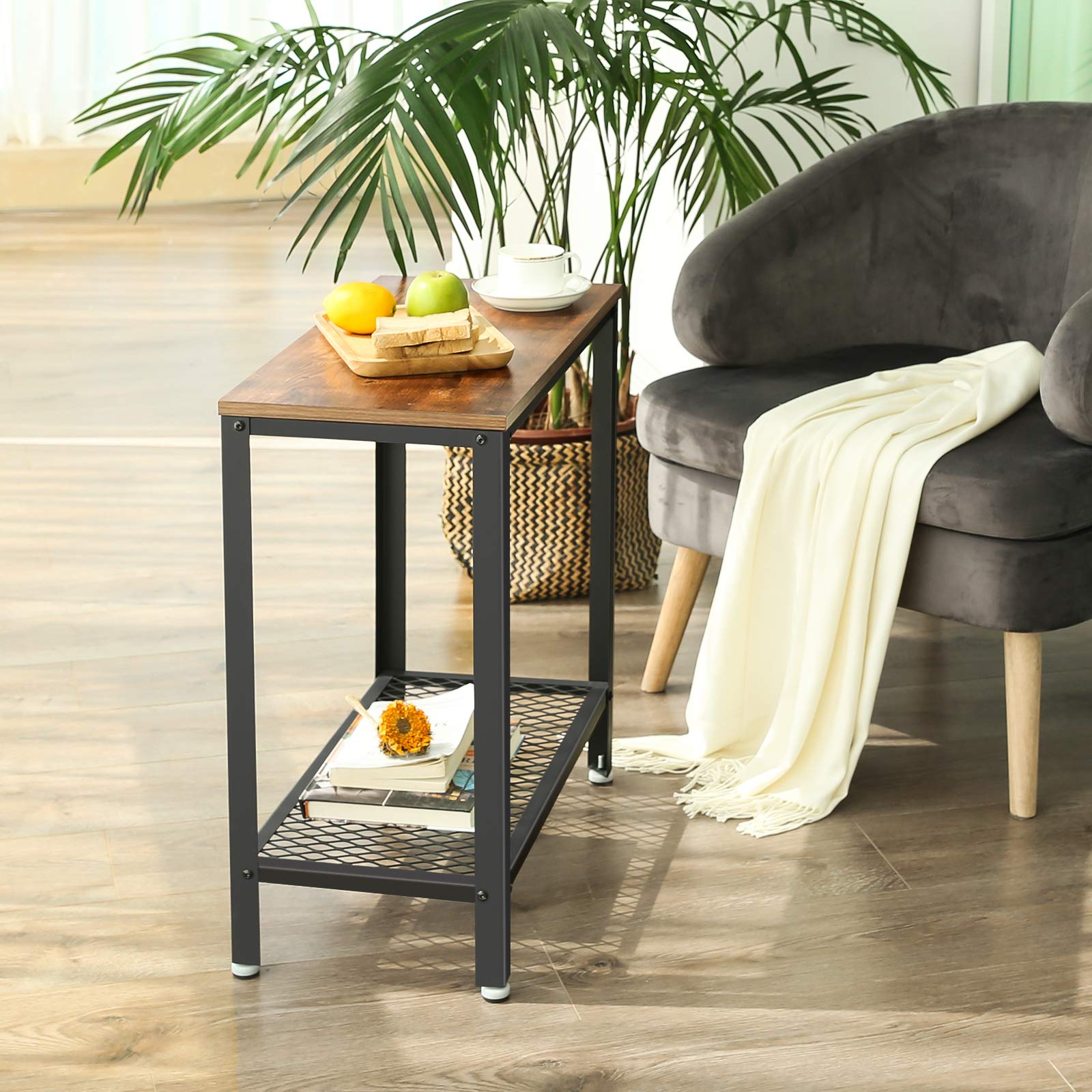 VASAGLE 2-Tier Narrow Side End Table for Couch, Rustic Sofa Printer Table with Mesh Shelf for Bedroom, Fish Tank Stand for Home, Office, Rustic Brown and Black