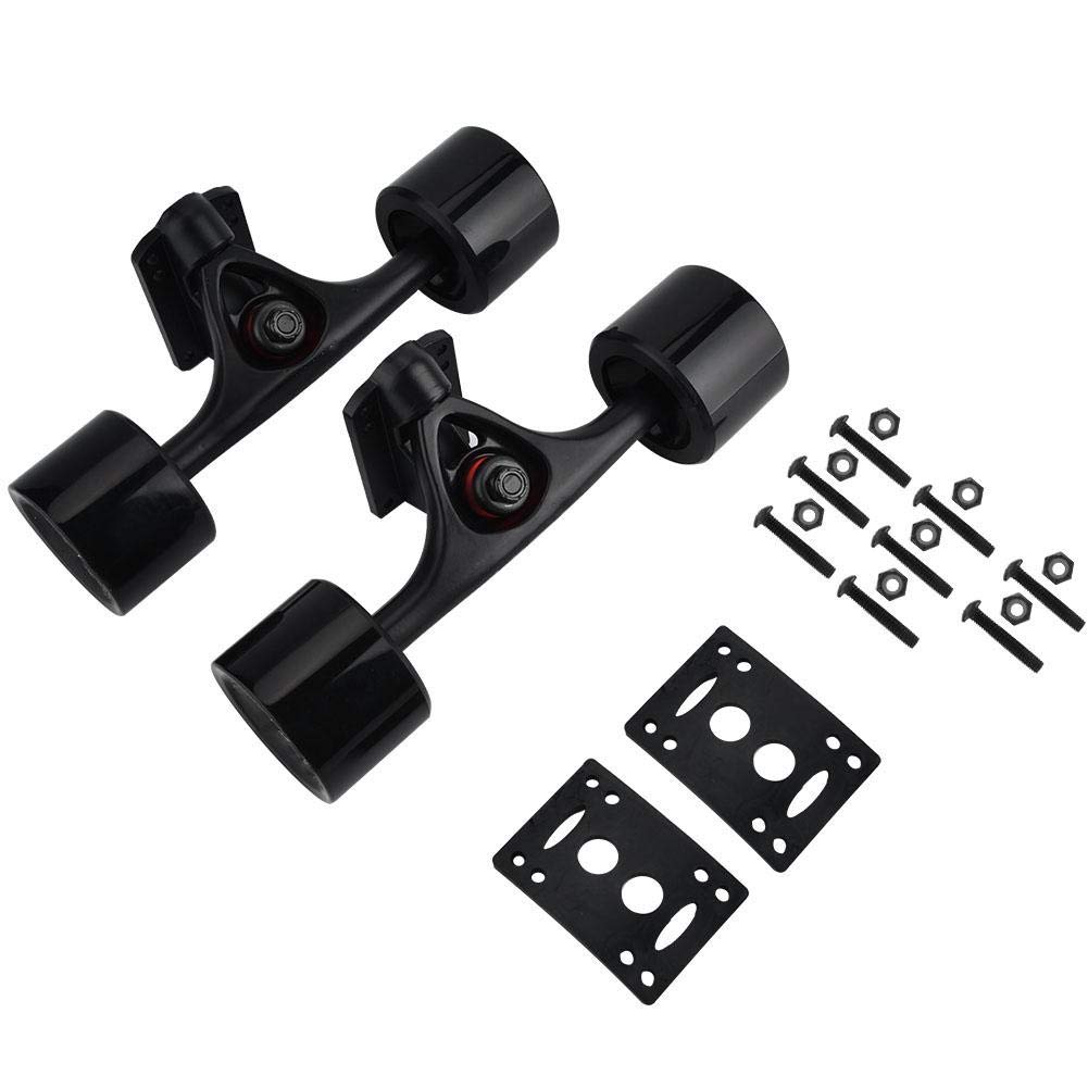 Fafeims 2pcs/Set 10.24in Skateboard Longboard Truck Combo Set with Wheel Riser Pad Bearing Hardware Accessory (Black Shaft Black Wheel)