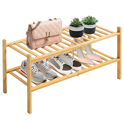 WANGMUXIA 2-Tier Bamboo Shoe Rackļ¼Free Standing Shoe Racks Stackable Shoe Rackļ¼Entrywayļ¼Hallway, Bathroom and Living Roomļ¼Multifunctional Bamboo Rack in Different Combinations (2-Tier)