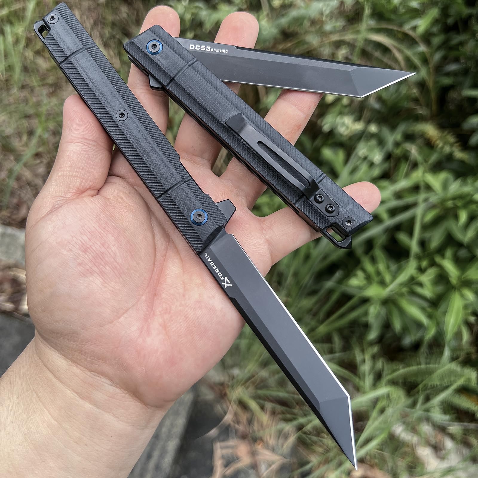 FORESAIL Flipper Pocket Folding Knife,DC53 Steel Blade and G10 Handle. With pocket clip and glass breaker,men's pocket knife hiking trip EDC tool Knife (Black PVD Blade)