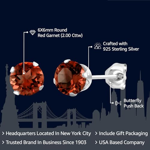 Gem Stone King 925 Sterling Silver Red Garnet Stud Earrings for Women | 2.00 Cttw | Gemstone Birthstone Jewelry Gift | Round 6MM