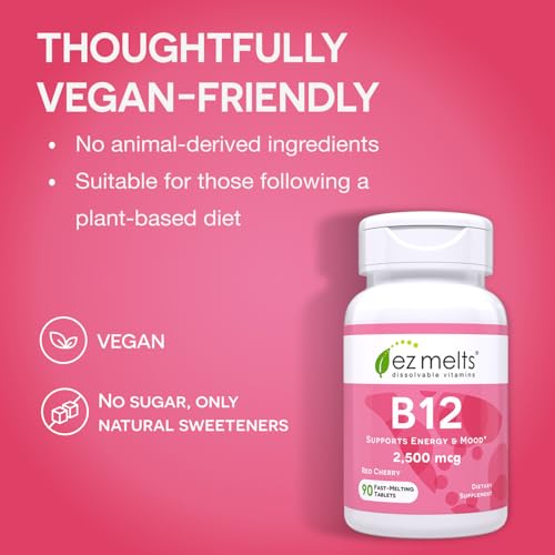 EZ Melts B12 Sublingual Vitamin 2,500 mcg, Methylcobalamin, Sugar-Free, 3-Month Supply