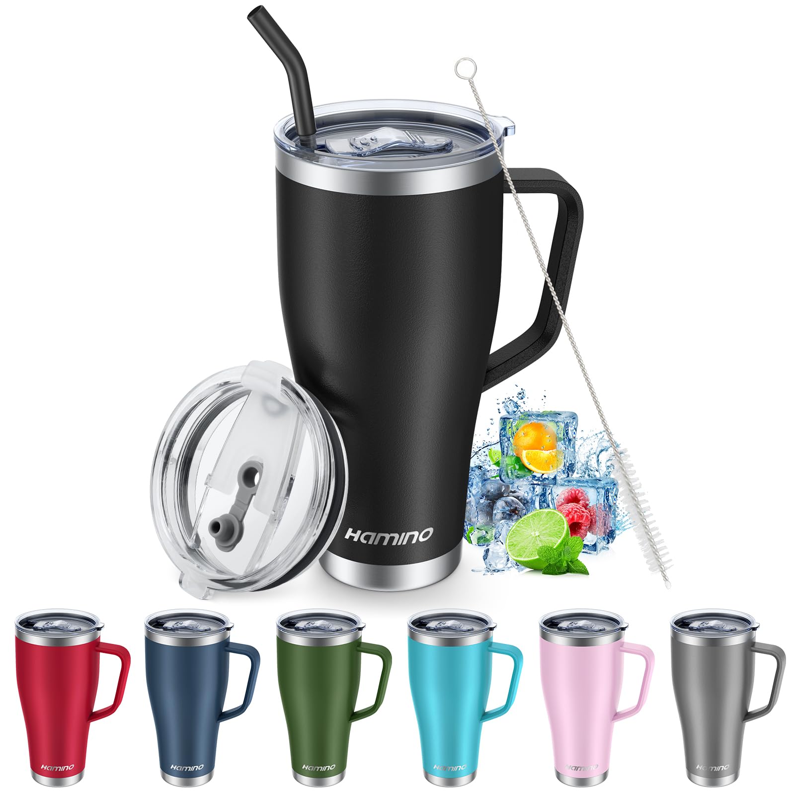 Hamino 30 oz Tumbler with Handle and Straw Lids, Double-Wall Vacuum Travel Coffee Mug with Handle, Stainless Steel Insulated Coffee Tumbler Cup for Home Office Travel HOT COLD Drinks (Black)