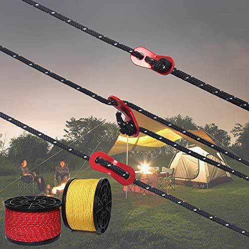 HIKEMAN 50m Reflective Guyline Solid Braid Nylon Camping Rope with Aluminum Adjuster Cord Tensioner Tent Accessory for Outdoor Travel,Hiking,Backpacking and Water Activities (Yellow, 5mm)