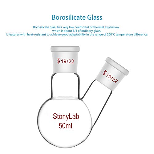 StonyLab Glass 50ml Heavy Wall 2 Neck Round Bottom Flask RBF, with 19/22 Center and Side Standard Taper Outer Joint - 50mL