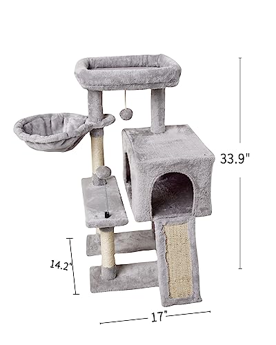 MIAO PAW 10Grey Cute Cat Tree Tower for Indoor Cats - Condo with Sisal Scratching Posts,Jump Platform Cat Furniture Activity Center Play House Bed