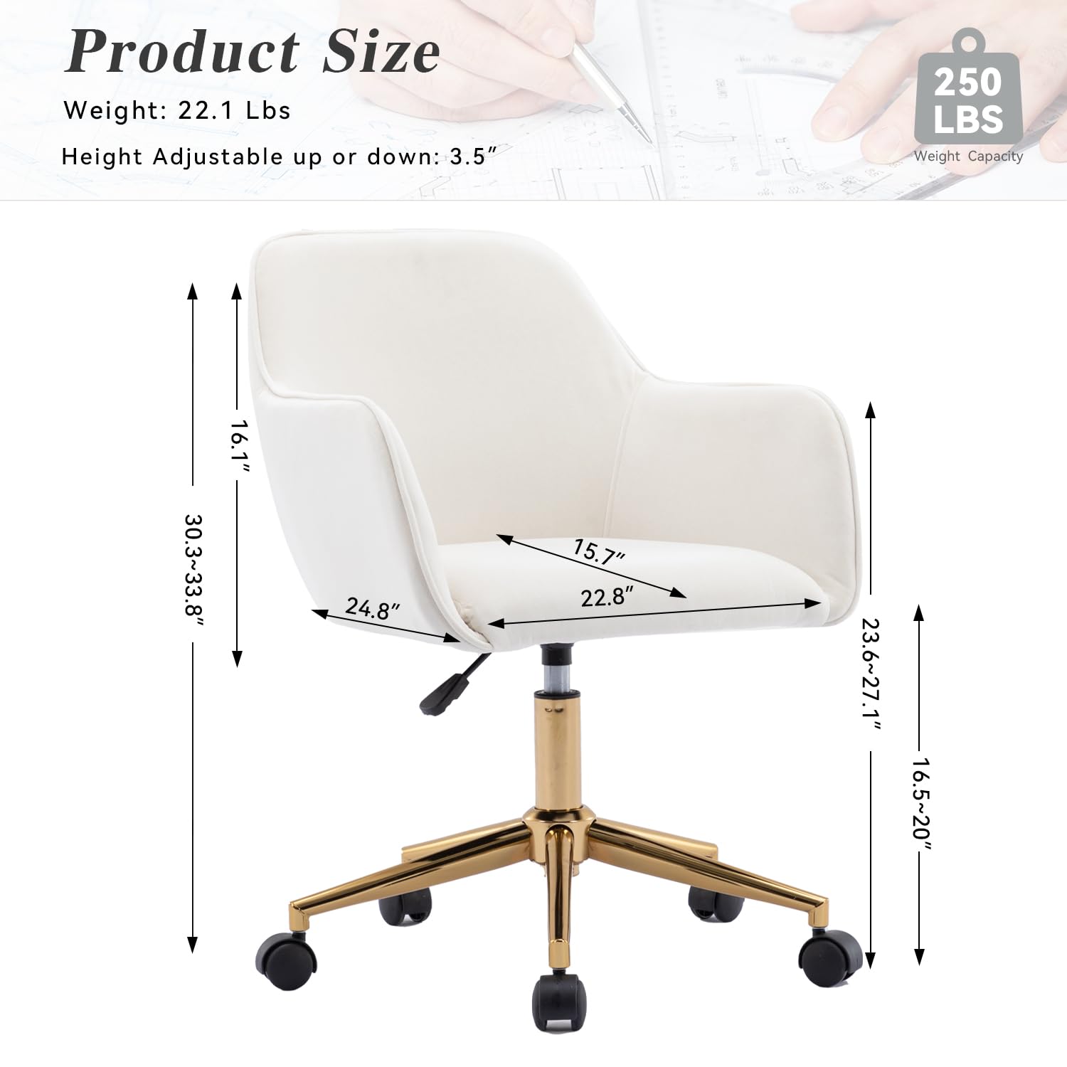 ERILEWE COLLECTION Velvet Home Office Chair, Cute Swivel Desk Chair with Wheels, Modern Rolling Adjustable Vanity Chair with Gold Base for Home Office, Vanity Room,Bedroom