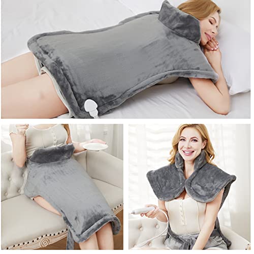 Wapaneus XL Large Heating Pad for Back & Neck,33"x24'' Wearable Electric Heated Pad- Heat Therapy Muscle Pain and Cramps Relief,with 3 Temperature Settings, Auto Shut-Off Machine Washable, Gray